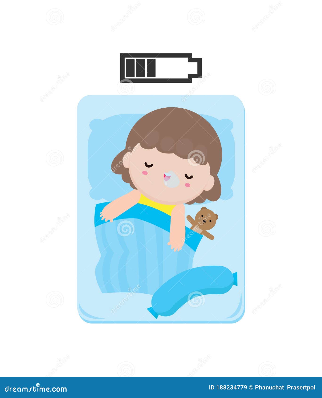 Cute Cartoon Little Girl Taking Power Nap with Charging Battery ...