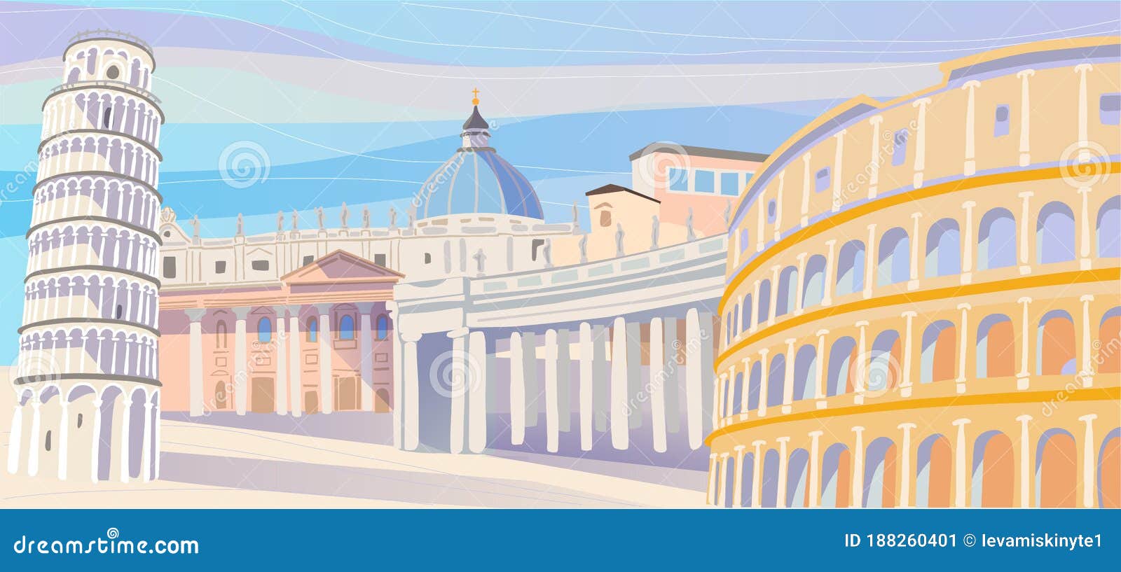 Famous Places in Italy. Rome, Pisa Tower, Coliseum. Stock Vector ...