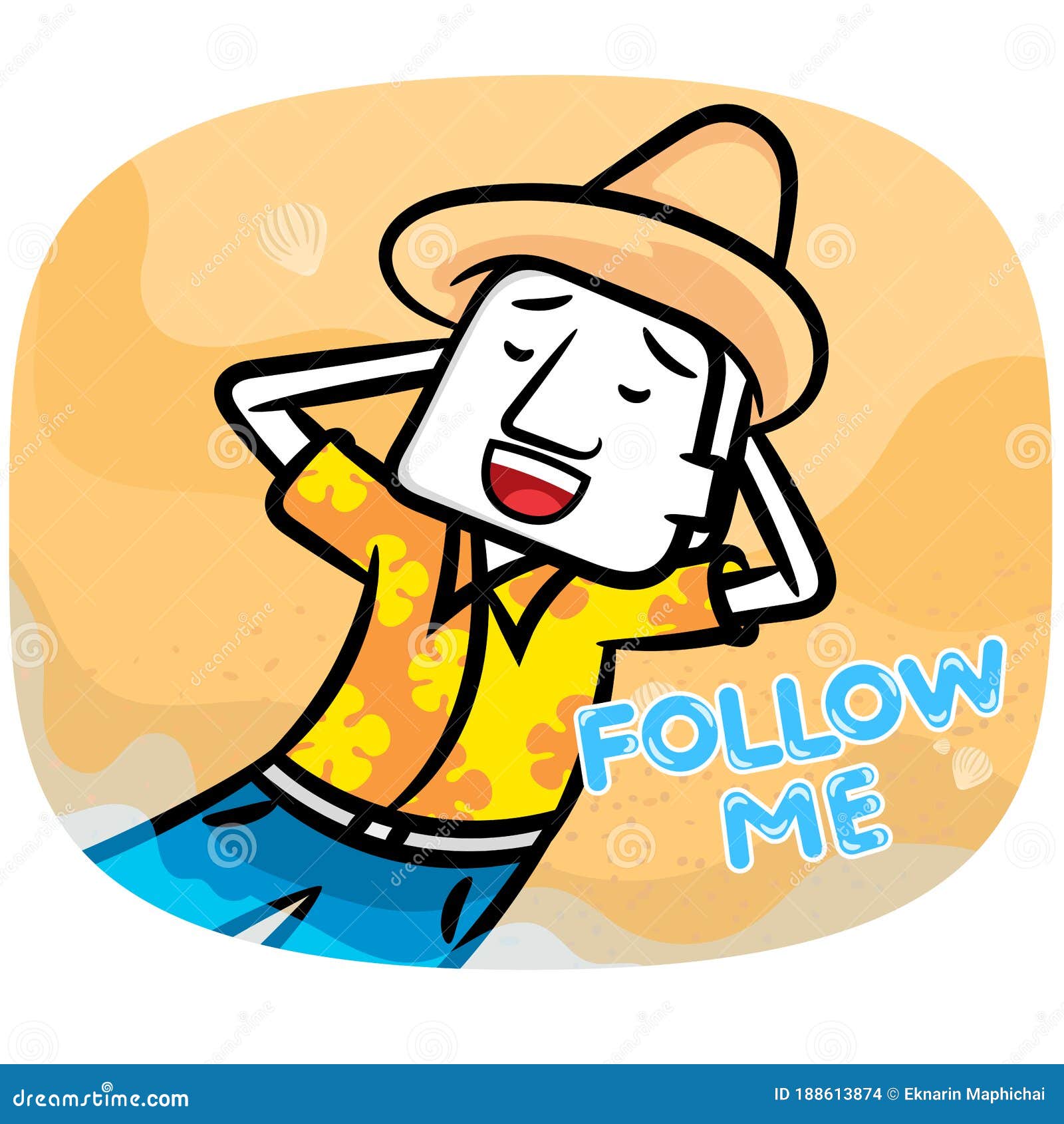 Follow Me White Man Cartoon Relaxing on the Beach Stock Vector ...