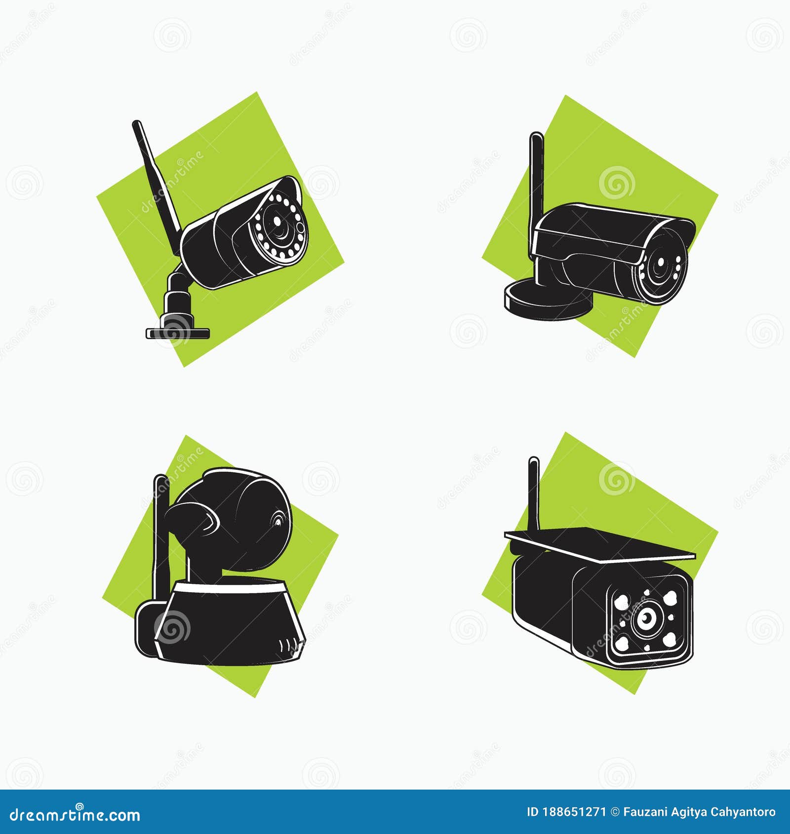 Silhouette Wireless CCTV Icon Set with Antenna - Tube, Cube, and Round ...