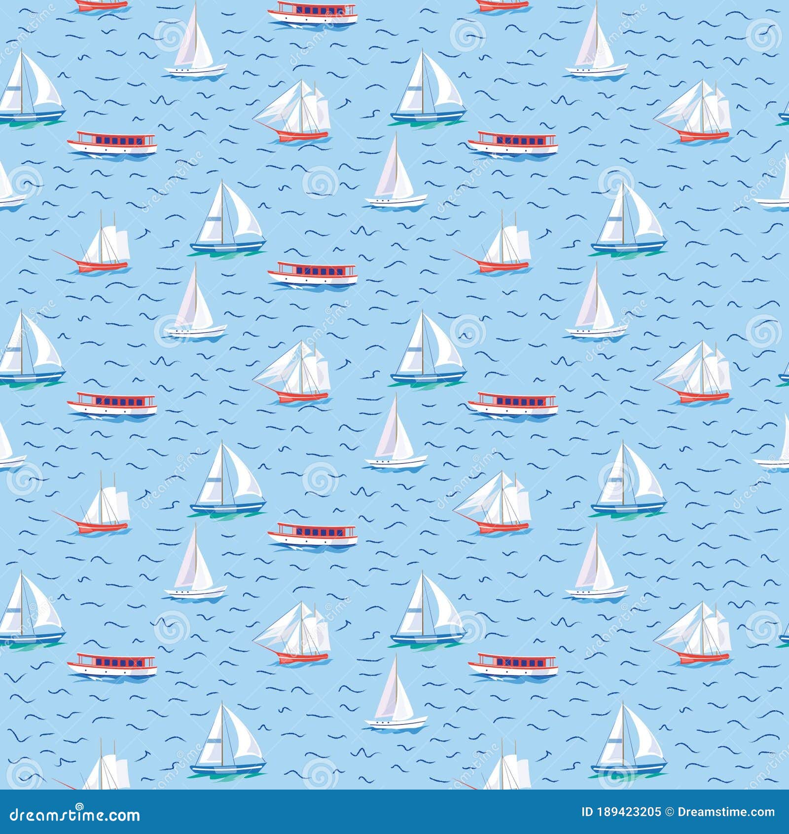 Seamless Vector Pattern with Hand Drawn Sailing Yachts and Seagulls ...