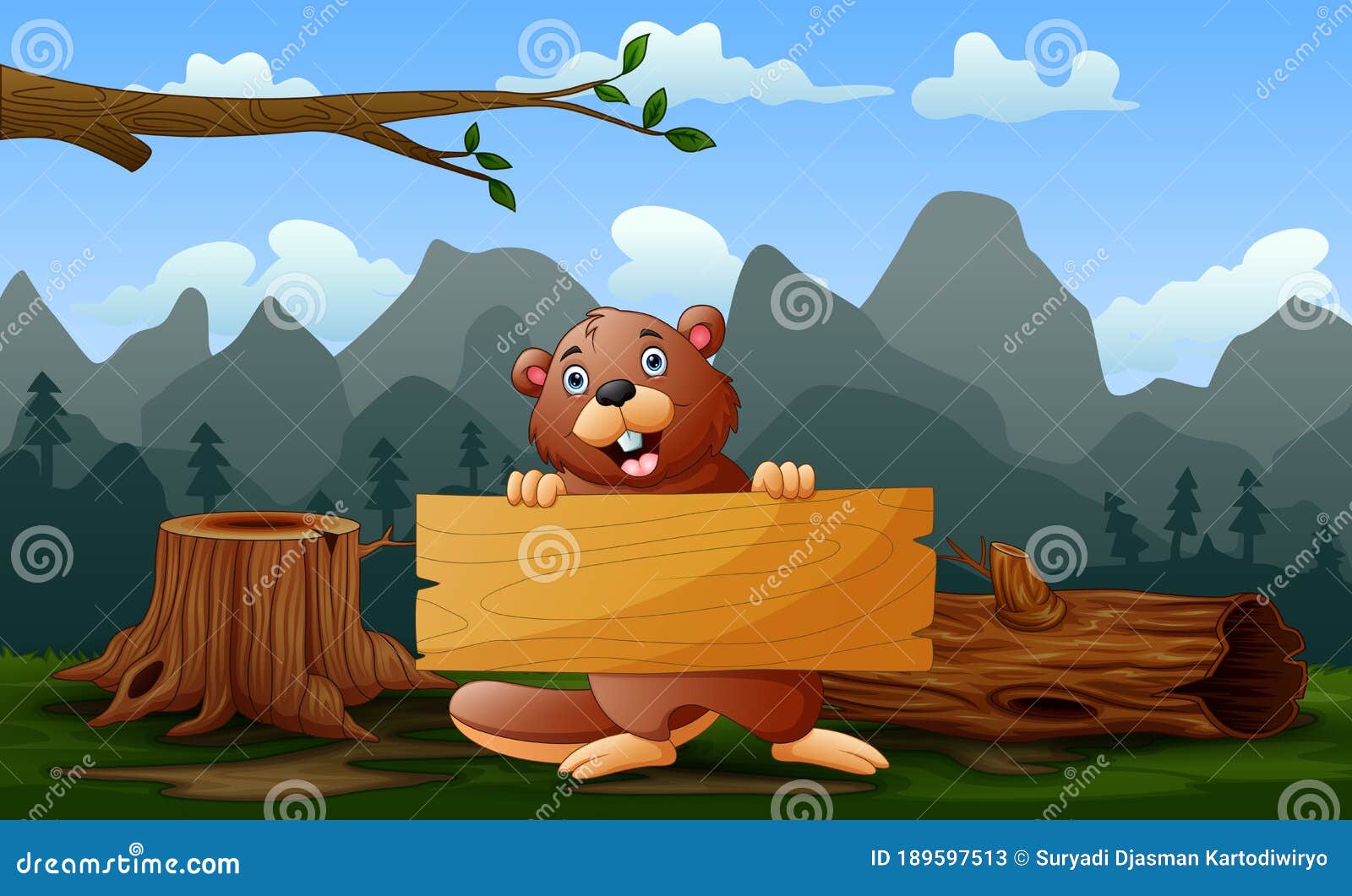A Beaver Holding Wooden Sign in the Field Stock Illustration ...
