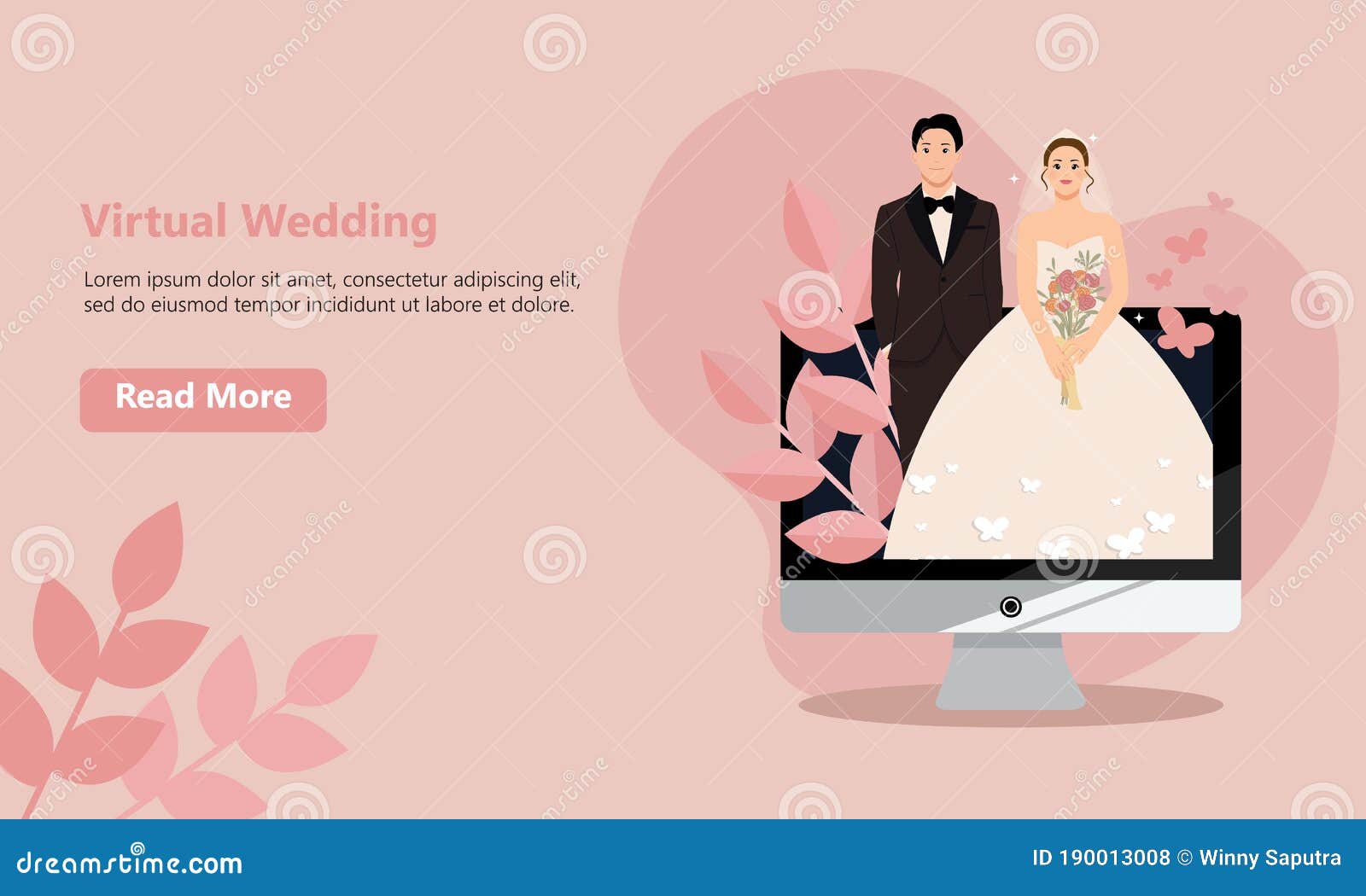 Website Mockup Design. Bride and Groom Virtual Wedding on Computer ...