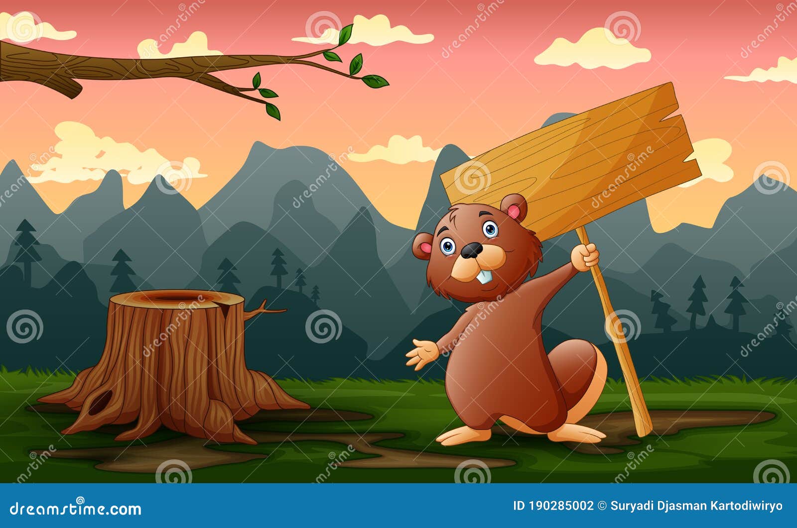 A Beaver Holding Wooden Sign in the Field Stock Vector - Illustration ...