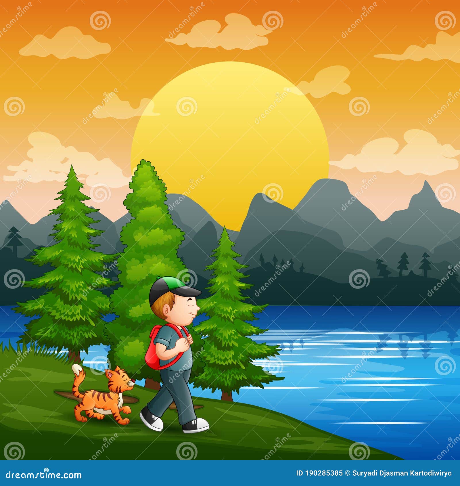 A Young Boy and His Pet at Riverside Stock Vector - Illustration of ...