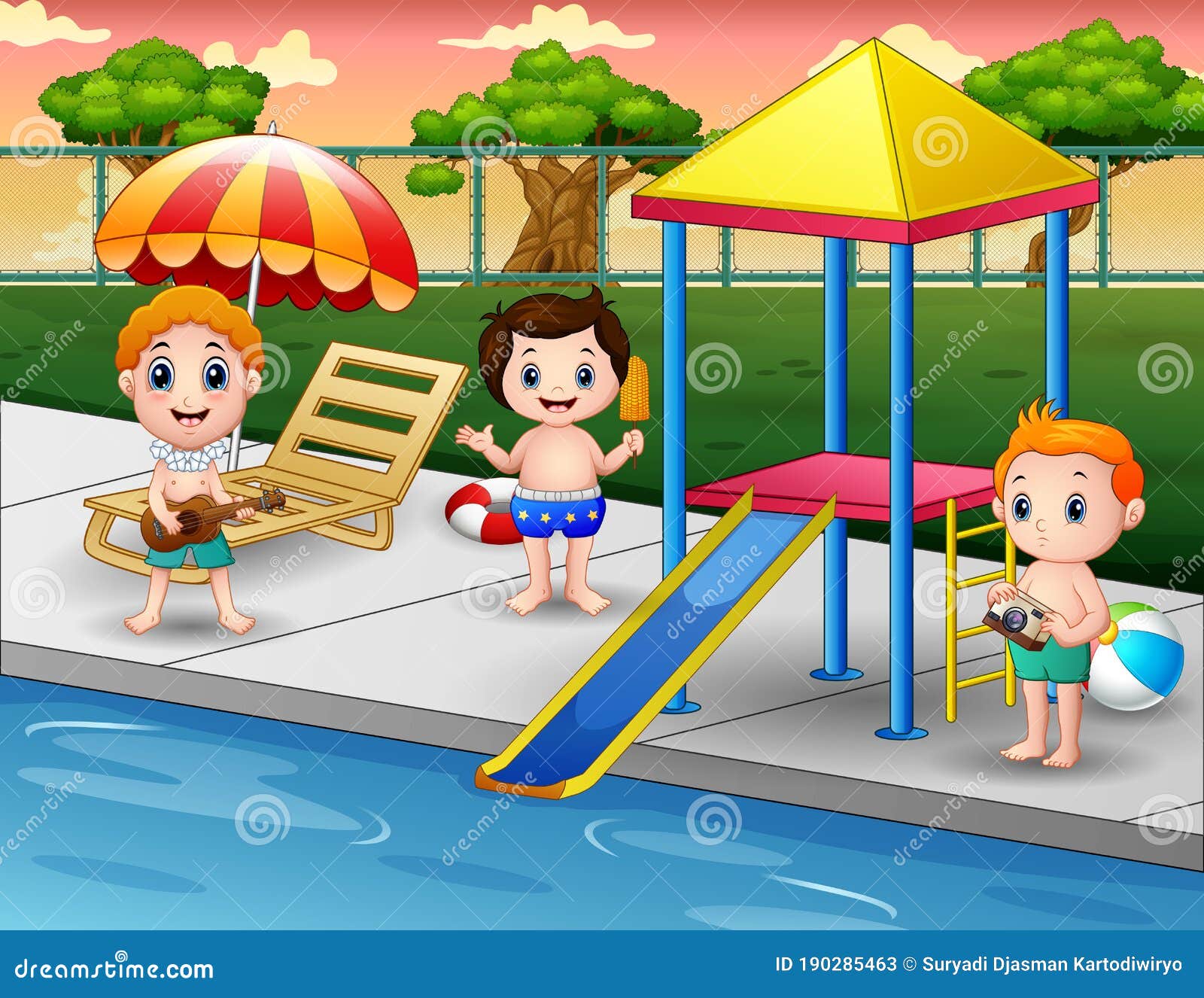 Children Playing in Outdoor Swimming Pool Stock Vector - Illustration ...