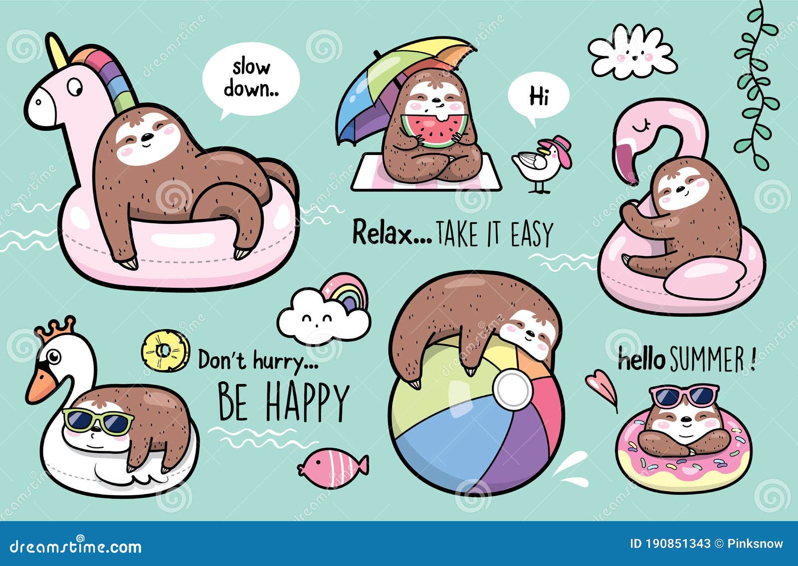 Sloth`s pool party stock vector. Illustration of funny - 190851343