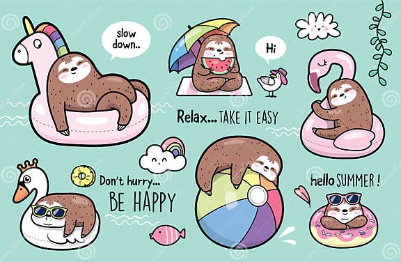 Sloth`s pool party stock vector. Illustration of funny - 190851343