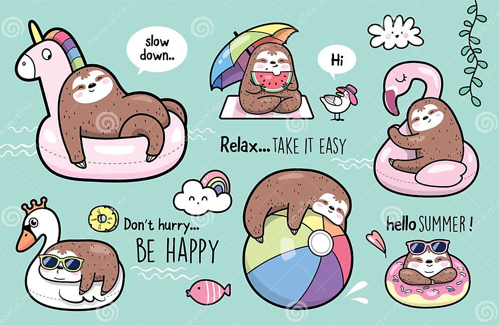 Sloth`s pool party stock vector. Illustration of funny - 190851343