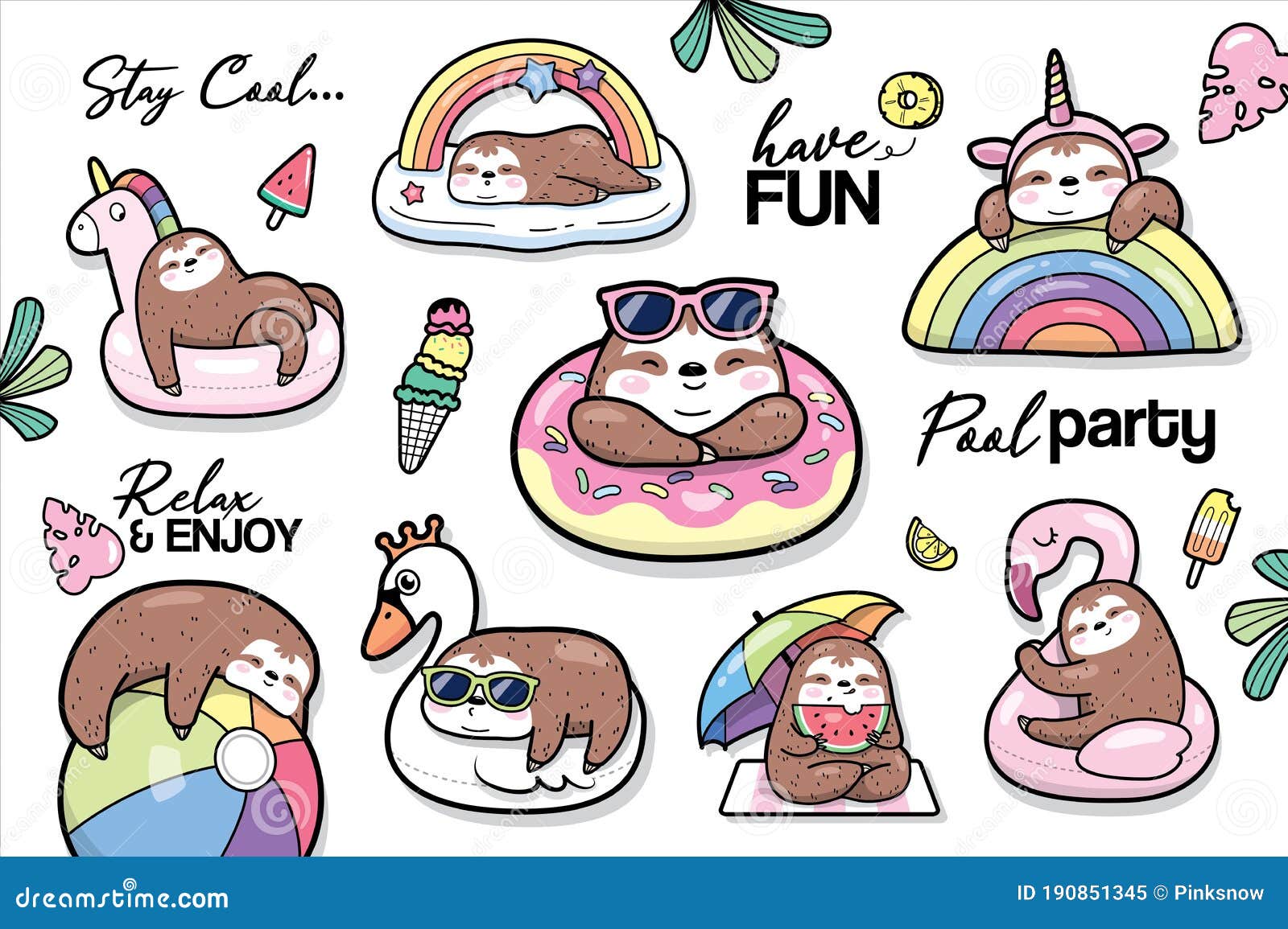 Sloth`s pool party stock vector. Illustration of cream - 190851345