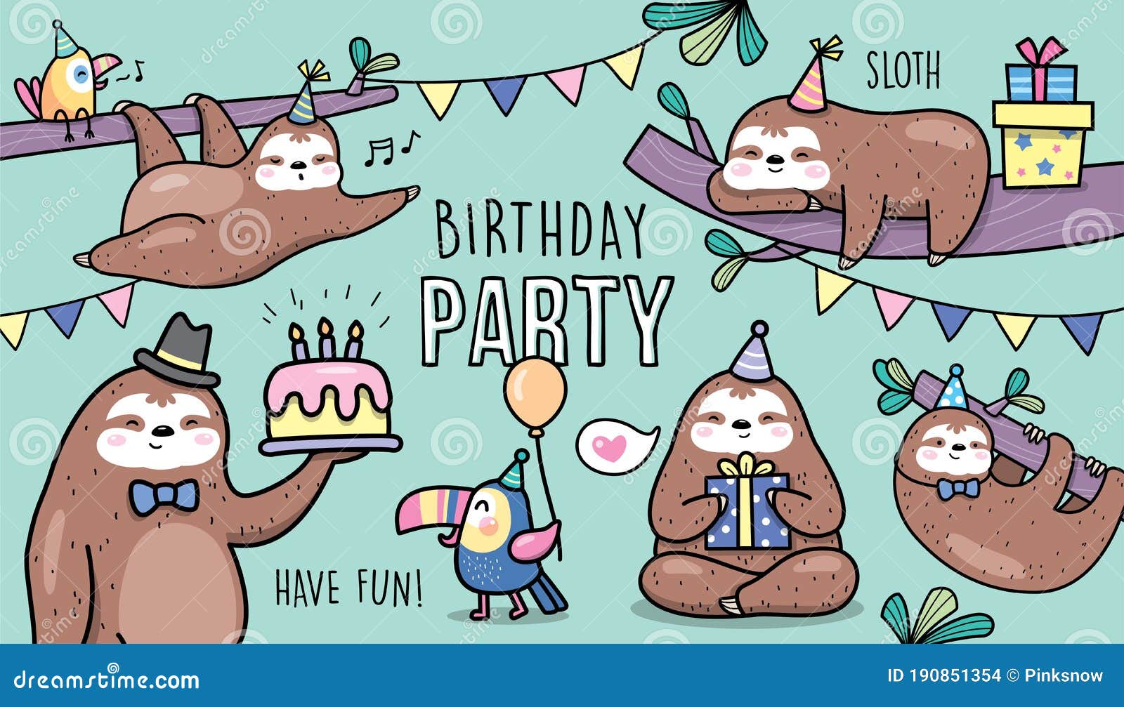 Sloths birthday party stock vector. Illustration of girl - 190851354