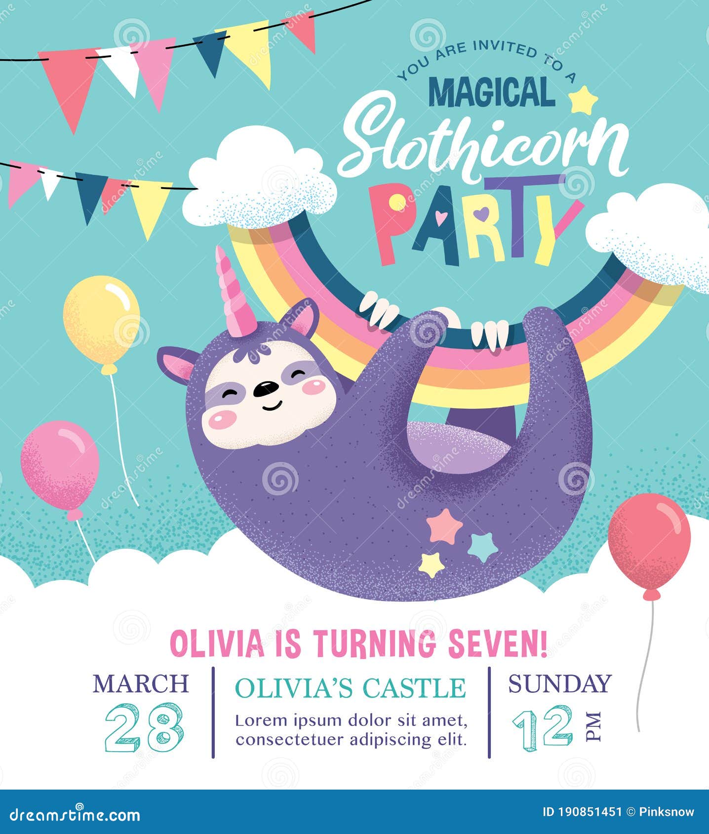 Kids Slothicorn Birthday Party Invitation Card Stock Vector ...