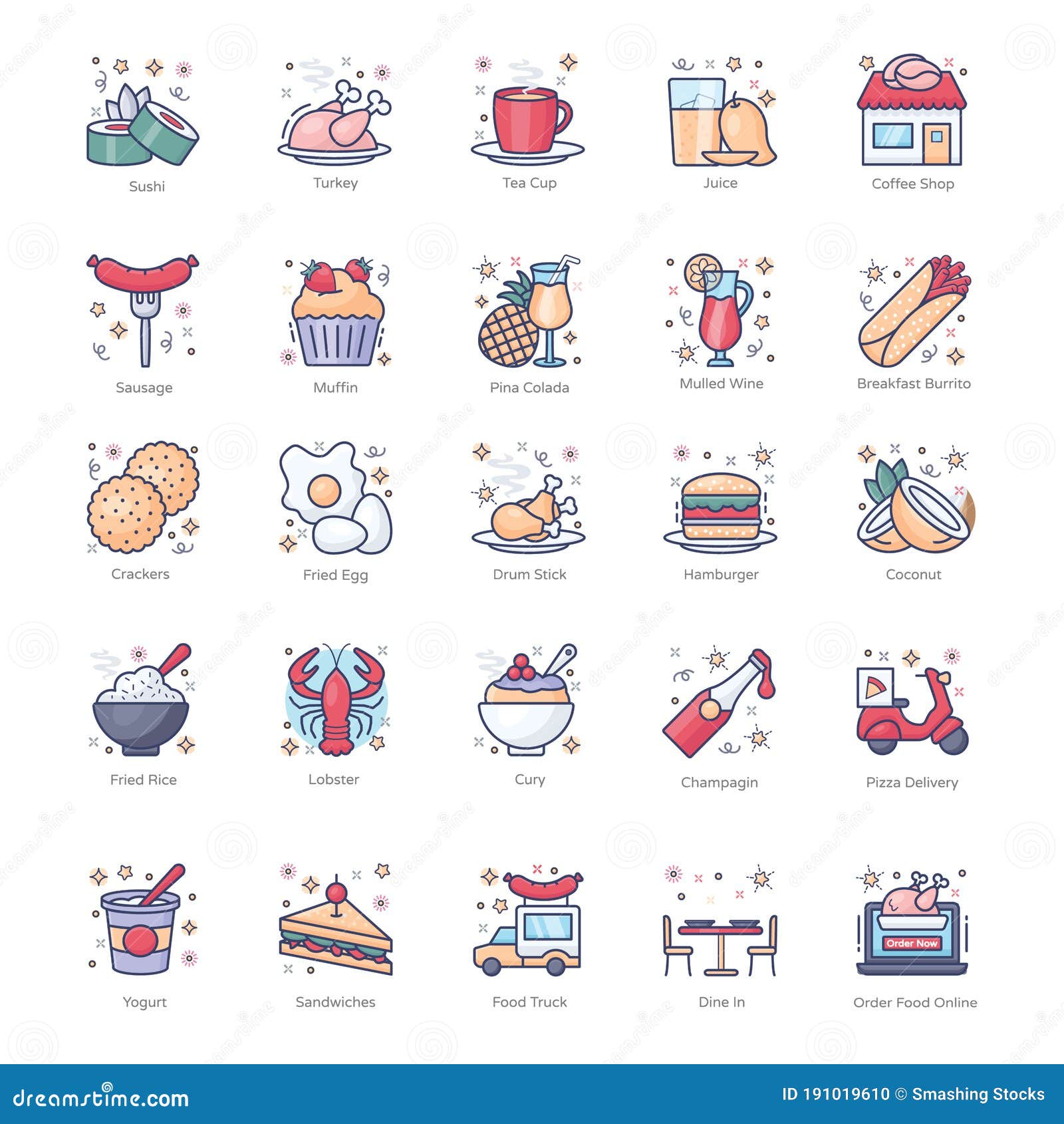 Food and Drinks Flat Icons Pack Stock Vector - Illustration of icons ...