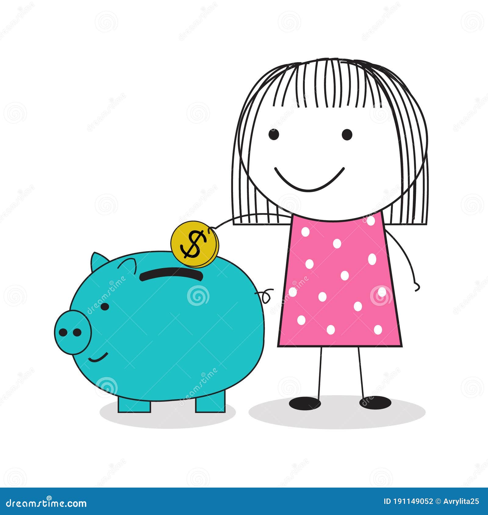 Cute Girl Save Money on Piggy Bank Doodle Illustration Stock Vector ...