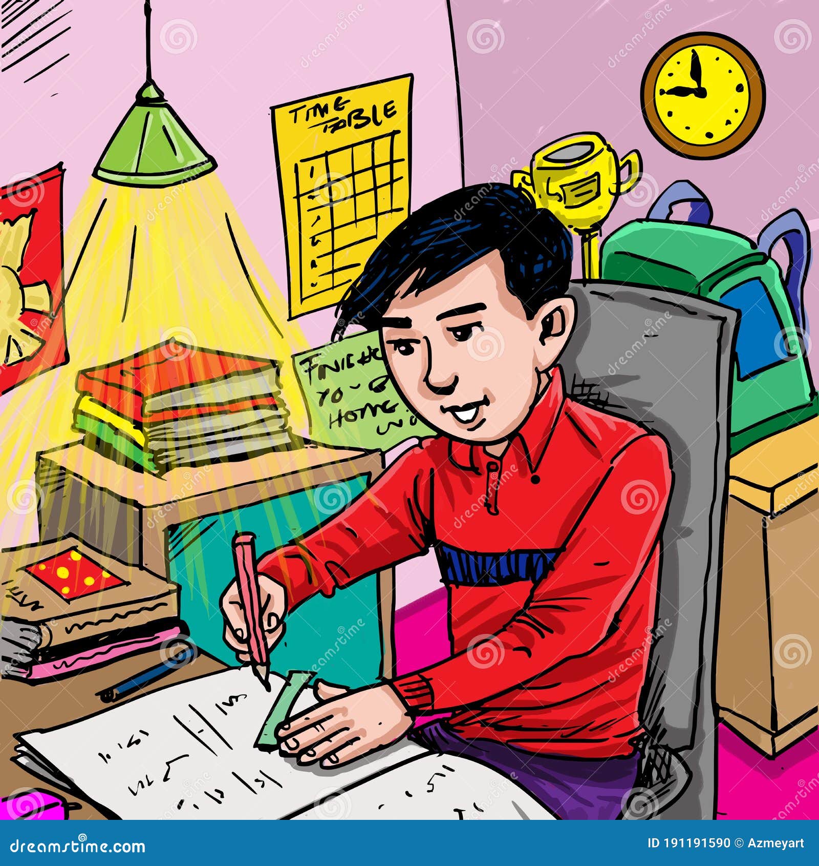 Kid Boy Doing Homework and Study Hard Stock Vector - Illustration of ...