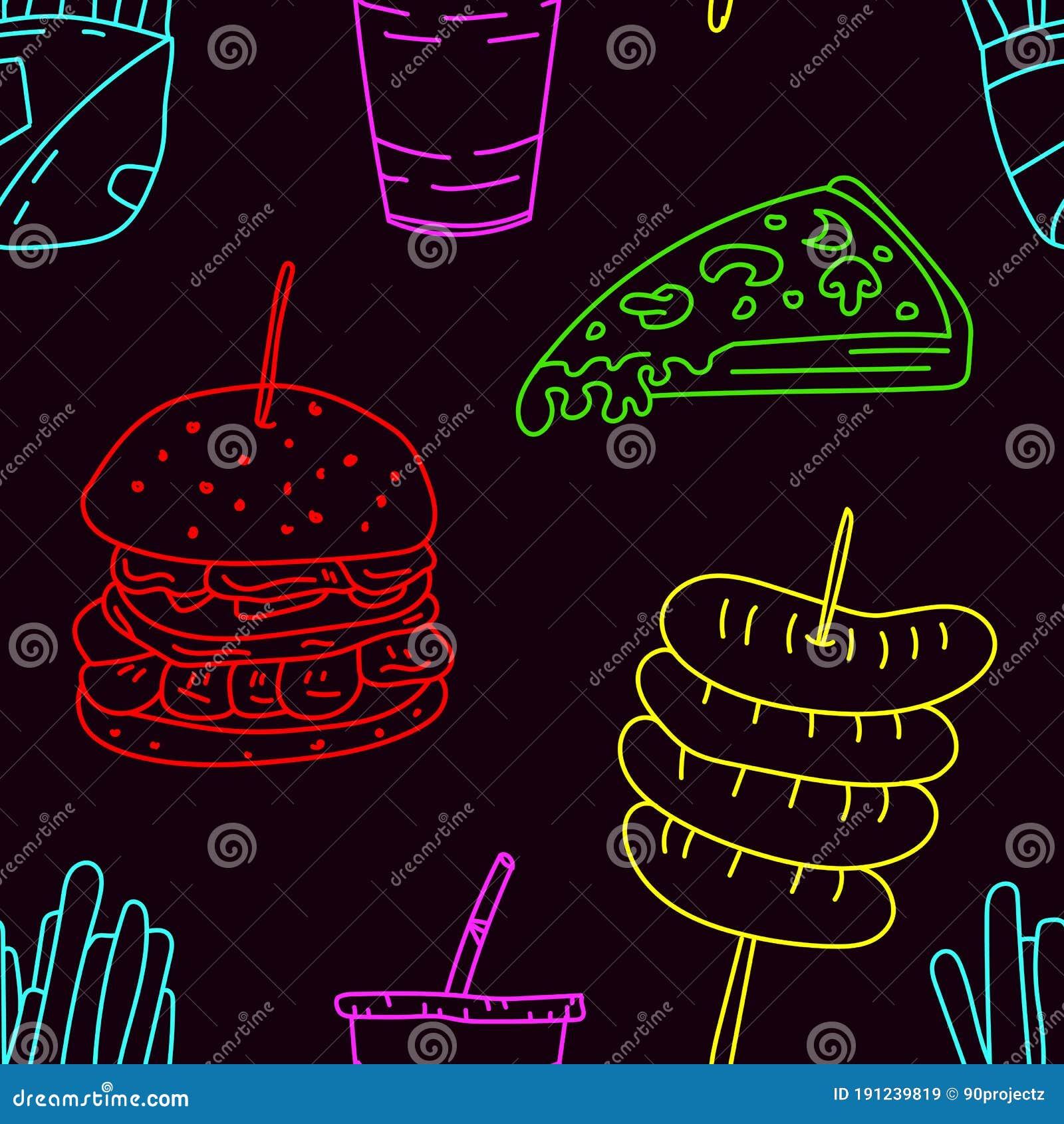 Seamless Abstract Street Foods Pattern, Neon Icons Pattern, Vector ...