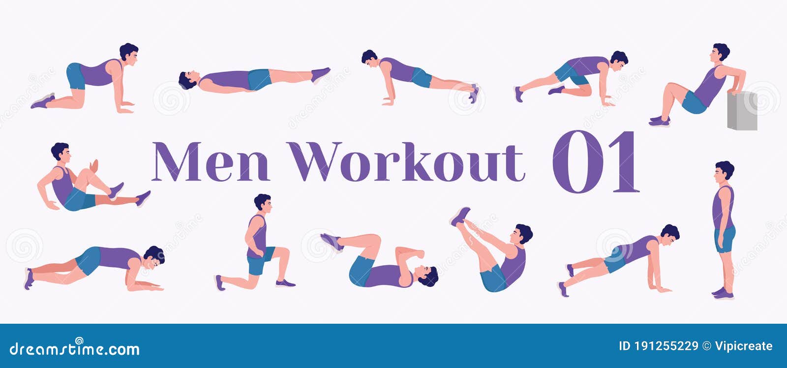 Workout Men Set. Men Doing Fitness and Yoga Exercises Stock Vector ...