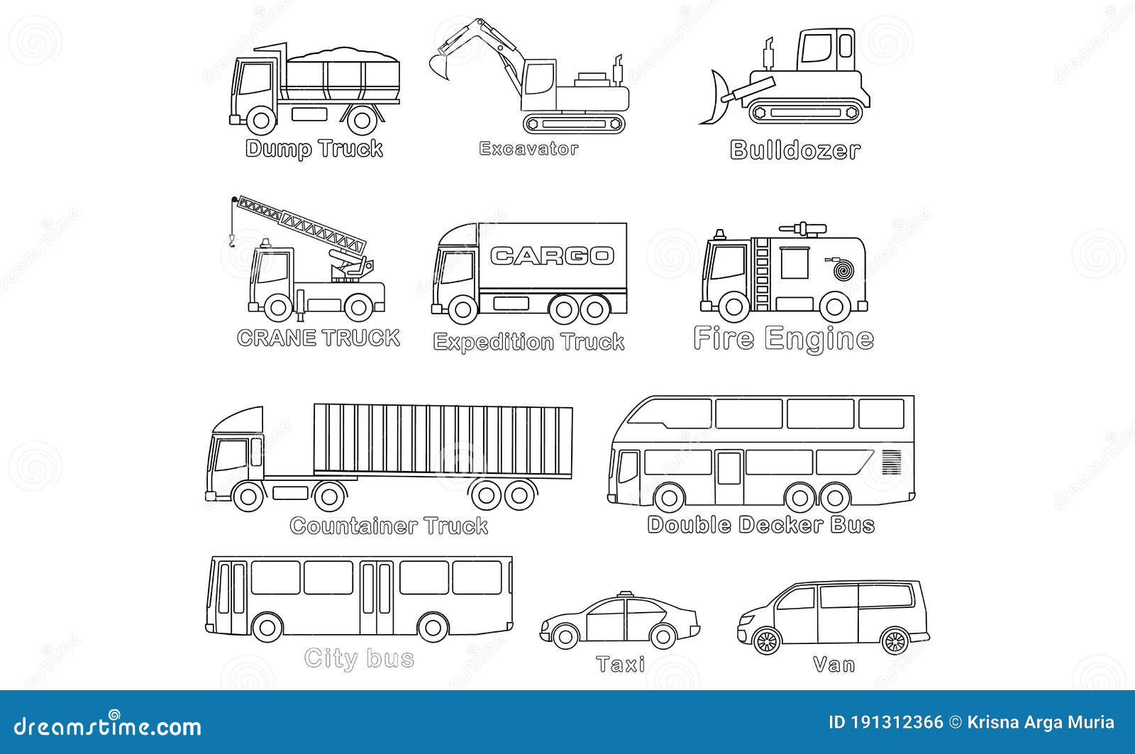 Simple Line Art 2d Vehicles Coloring Books Se Stock Vector ...