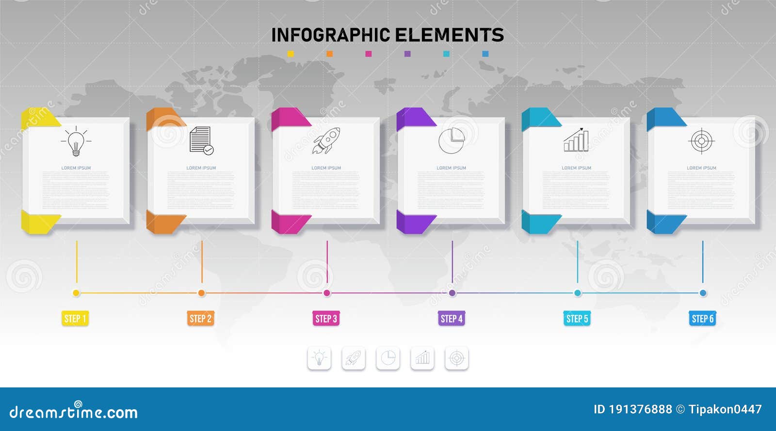 Modern Infographics Process Template with Square, Icons for 6 Options ...