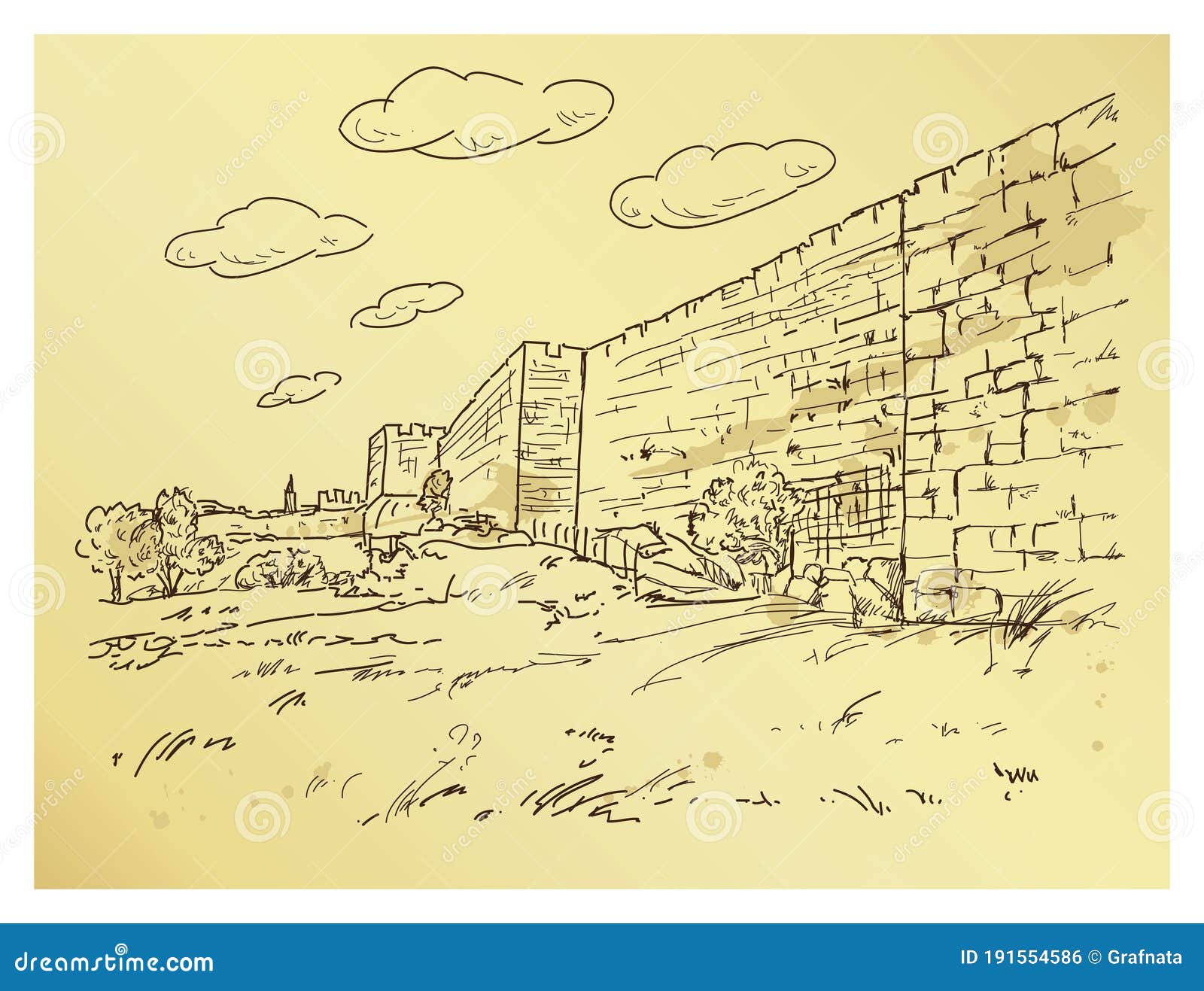 Hand Drawing Jerusalem Old City Wall and King David Tower. Stock ...