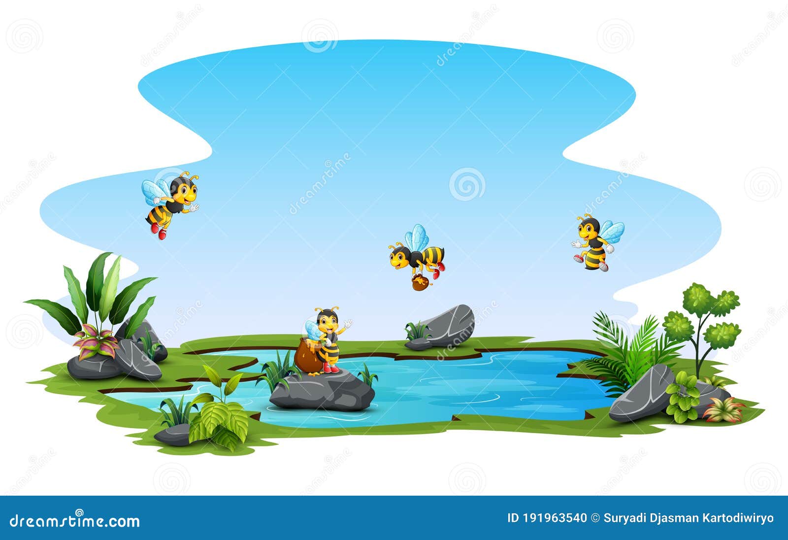 Group of Bee Flying Over a Small Pool Stock Illustration - Illustration ...