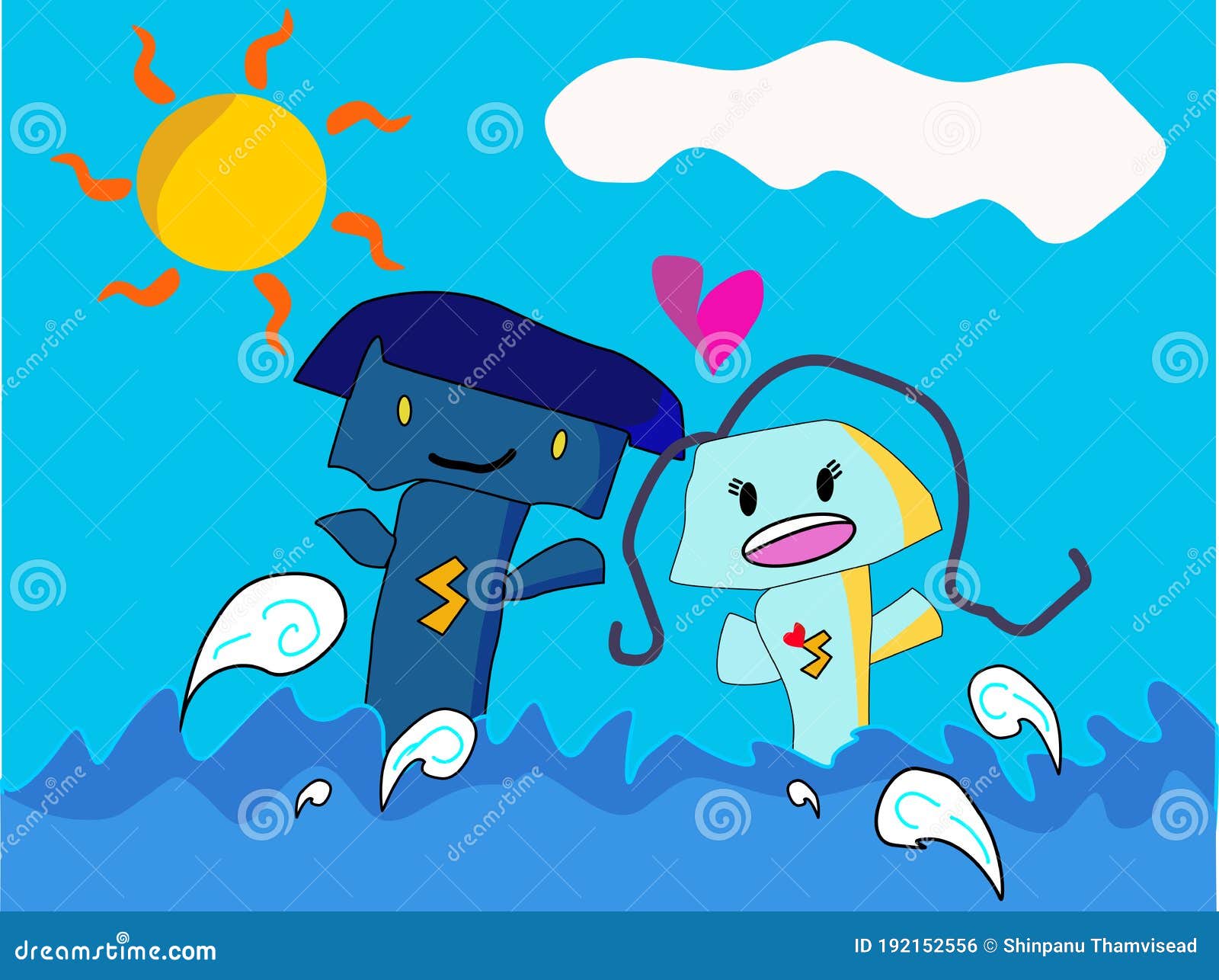 Two Lovers in the Sea with Sky and Sun. Vector Flat Cartoon ...
