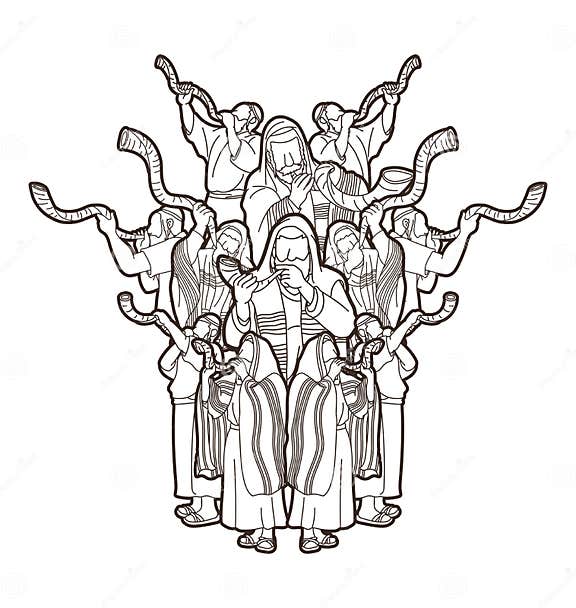 GroGroup of Jewish Blowing the Shofar Horn Cartoon Graphic Vector ...