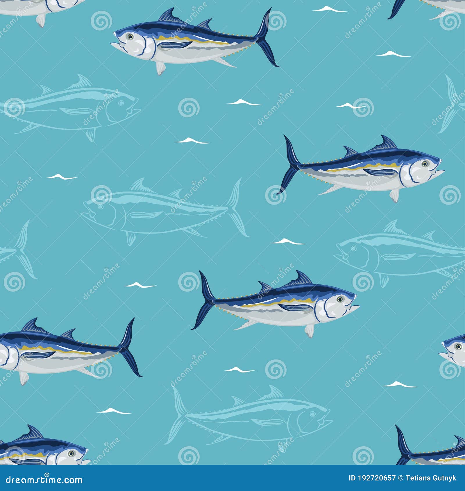 Tuna Fish Seamless Pattern. Vector Illustration of Fish in the Blue Sea ...
