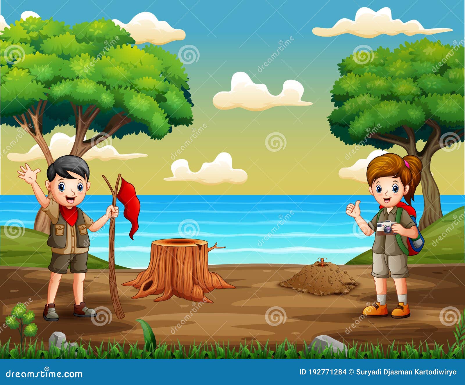 Cartoon Two Scouts in the Riverside Stock Vector - Illustration of ...