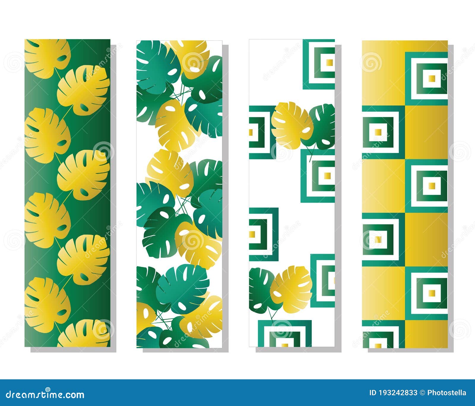 Four Bookmarks Vector Set with Tropical Leaves in Green and Yellow ...