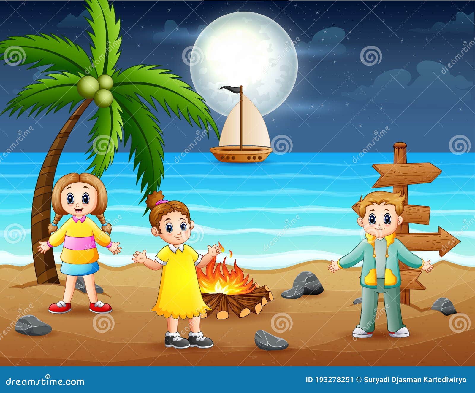 Many Kids with Bonfire on the Beach Stock Vector - Illustration of calm ...