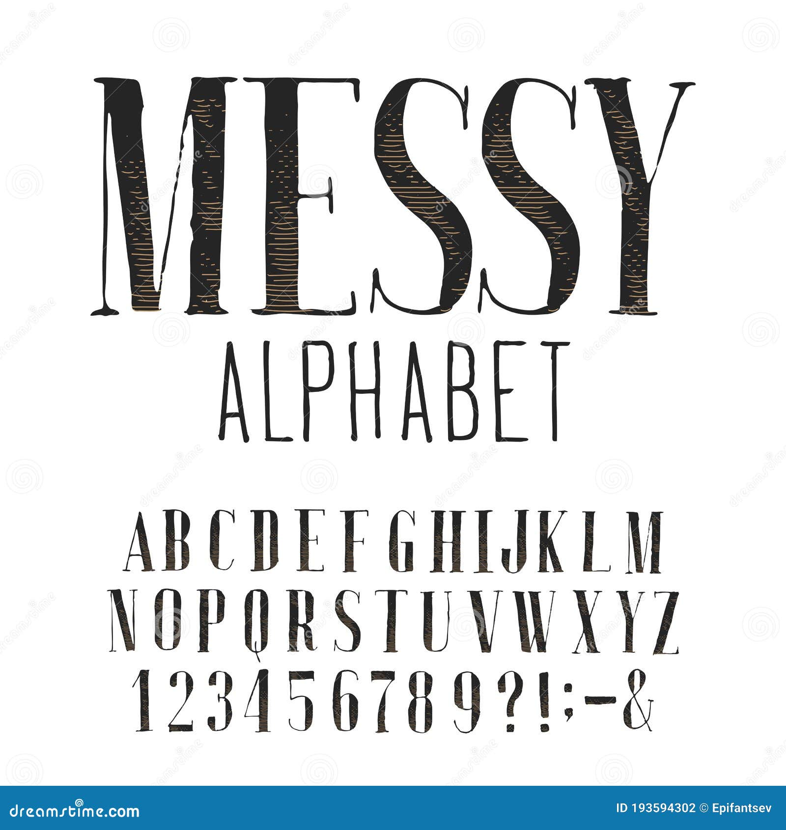 Messy Serif Alphabet Font. Handwritten Uppercase Letters, Numbers and ...