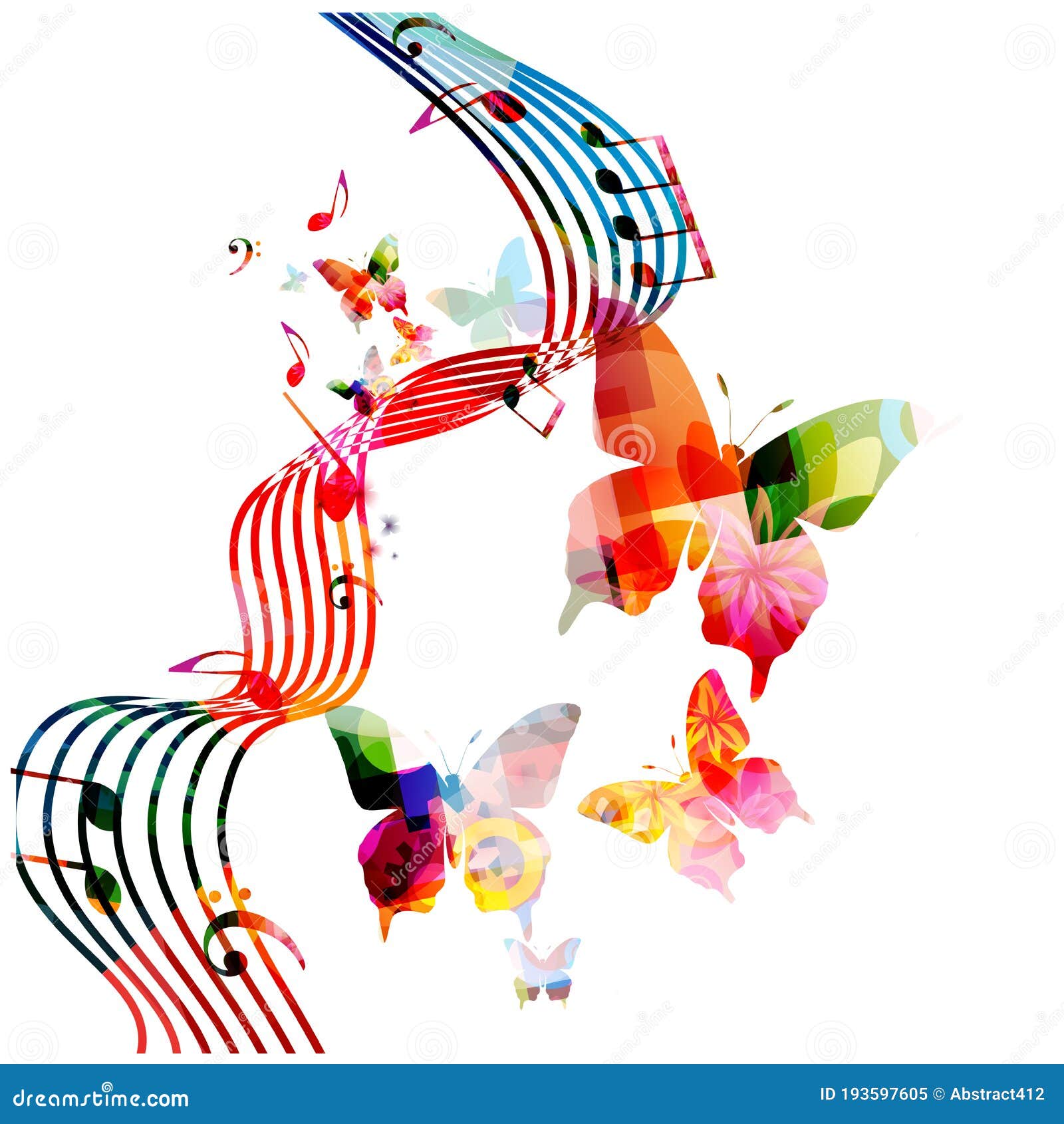 Colorful Stave With Music Notes And Butterflies Isolated Vector ...