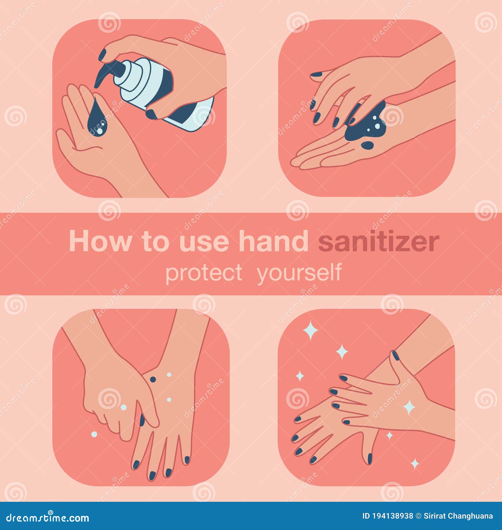 How To Use Hand Sanitizer To Clean and Disinfect Hands. Instruction ...