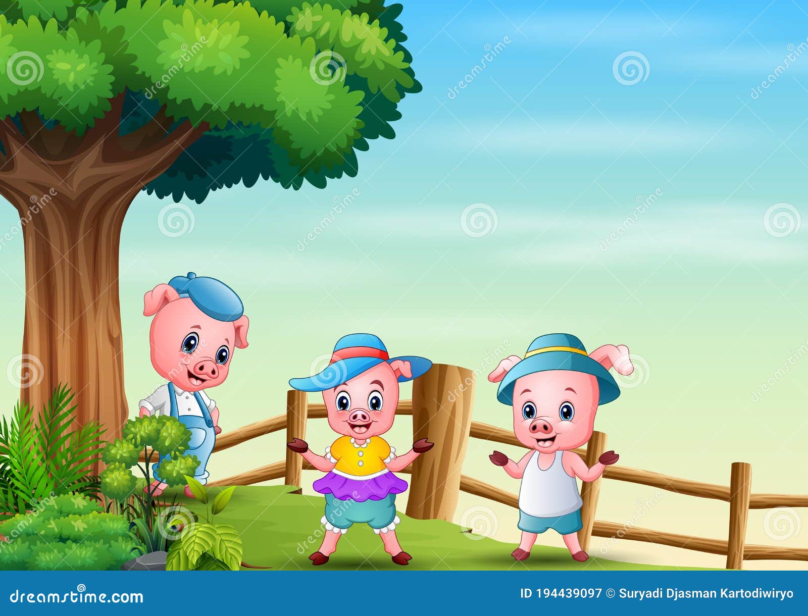 Three Little Pig Under the Big Tree Stock Vector - Illustration of farm ...