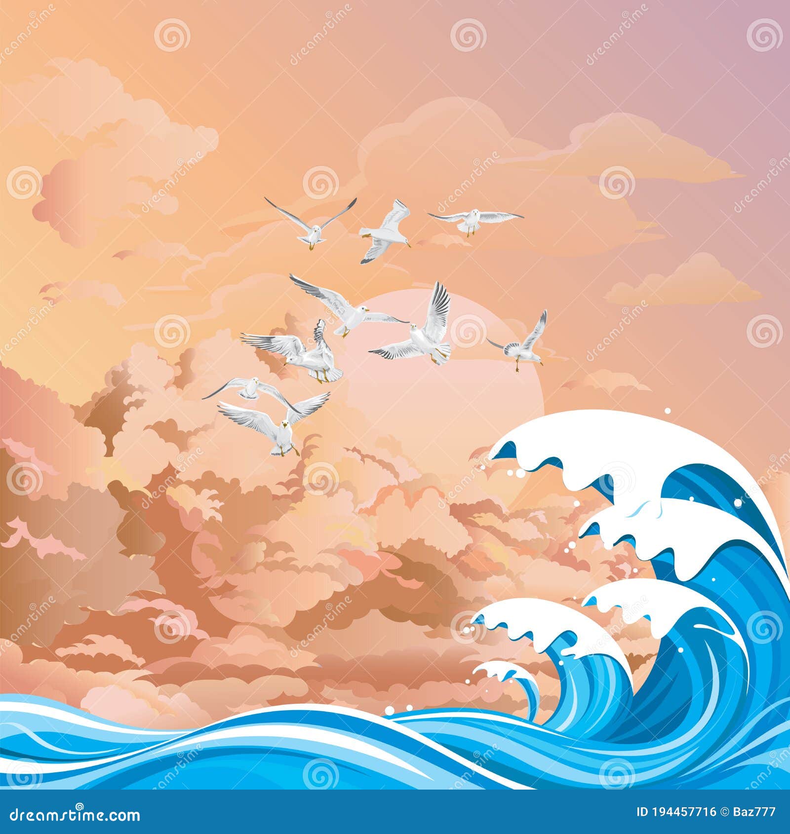 Seagulls Over Ocean at Dawn Stock Vector - Illustration of nature, pink ...