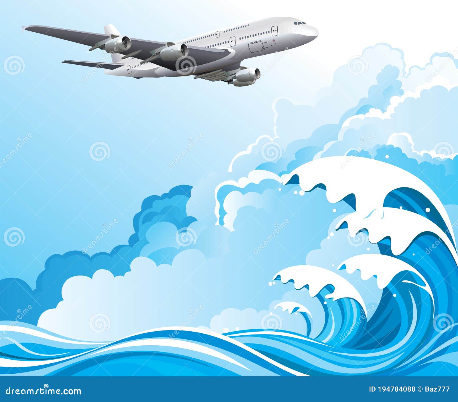 Plane flying over ocean stock vector. Illustration of airplane - 194784088