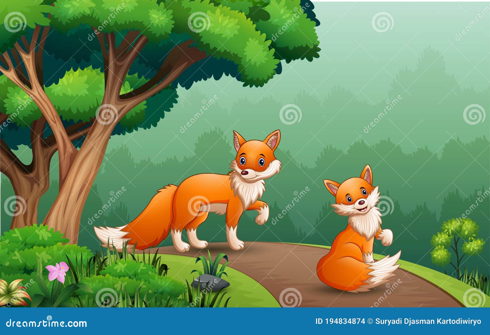 Scene with Two Fox on the Road Stock Vector - Illustration of landscape ...