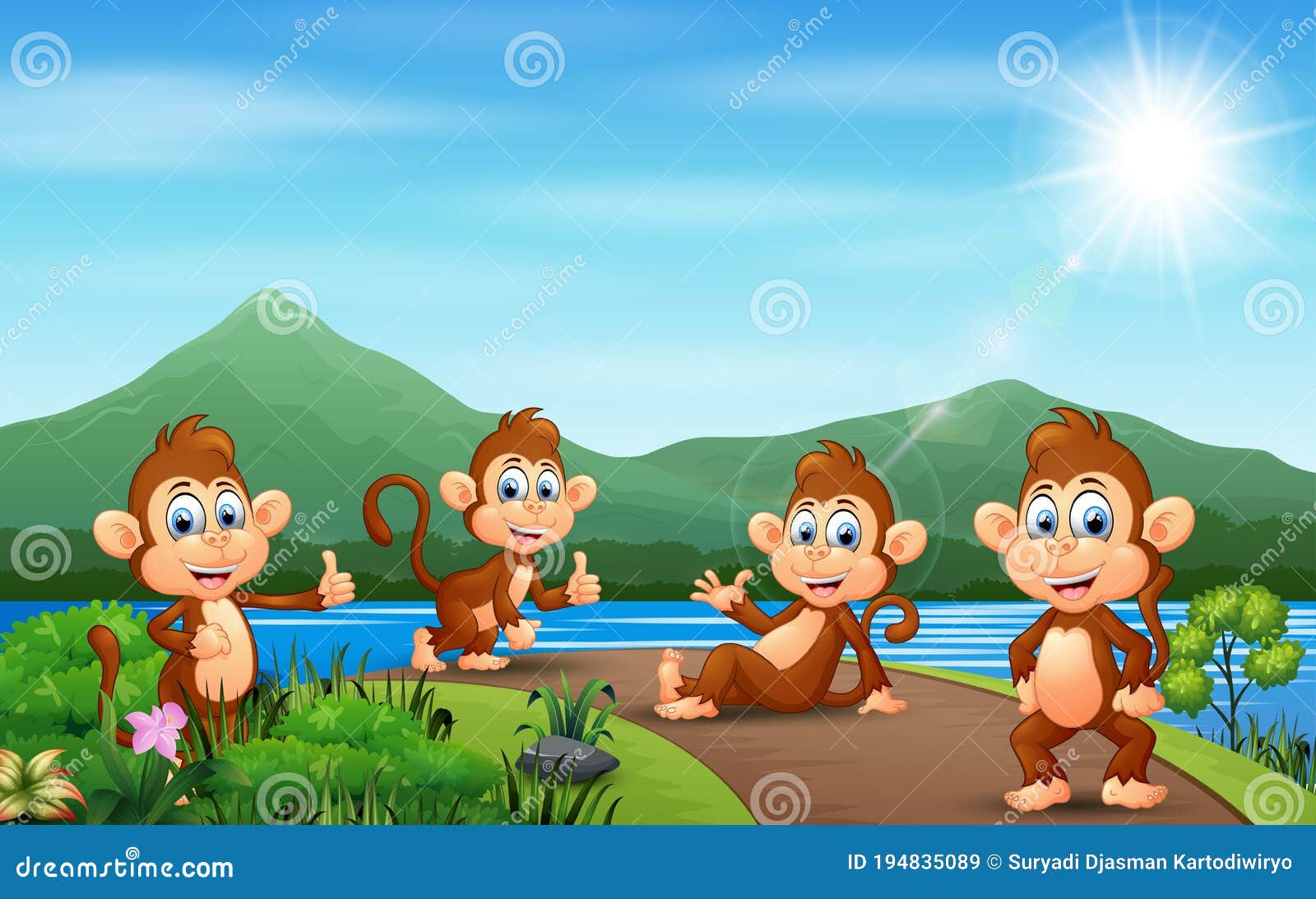 Group of Monkey Enjoying Nature on Road Stock Vector - Illustration of ...