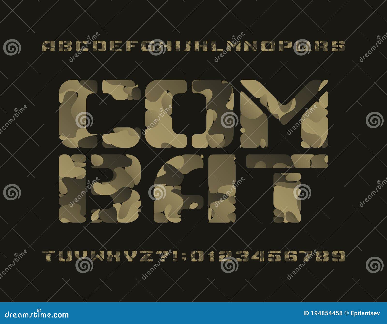 Combat Alphabet Font. Camo Stencil Letters And Numbers On A Dark ...