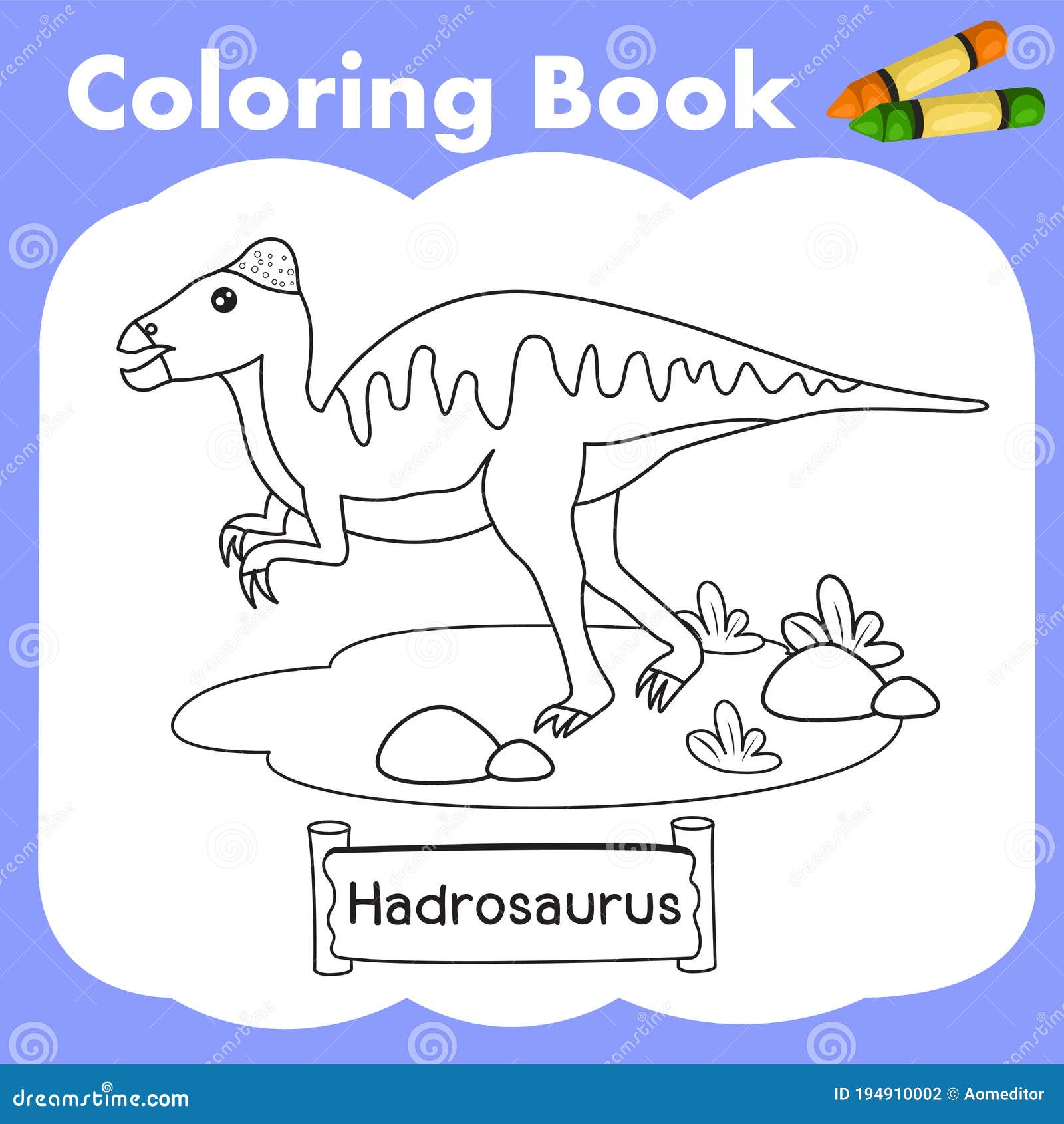 Hadrosaurus Dinosaur Cartoon Linear Sketch For Coloring Book Isolated ...