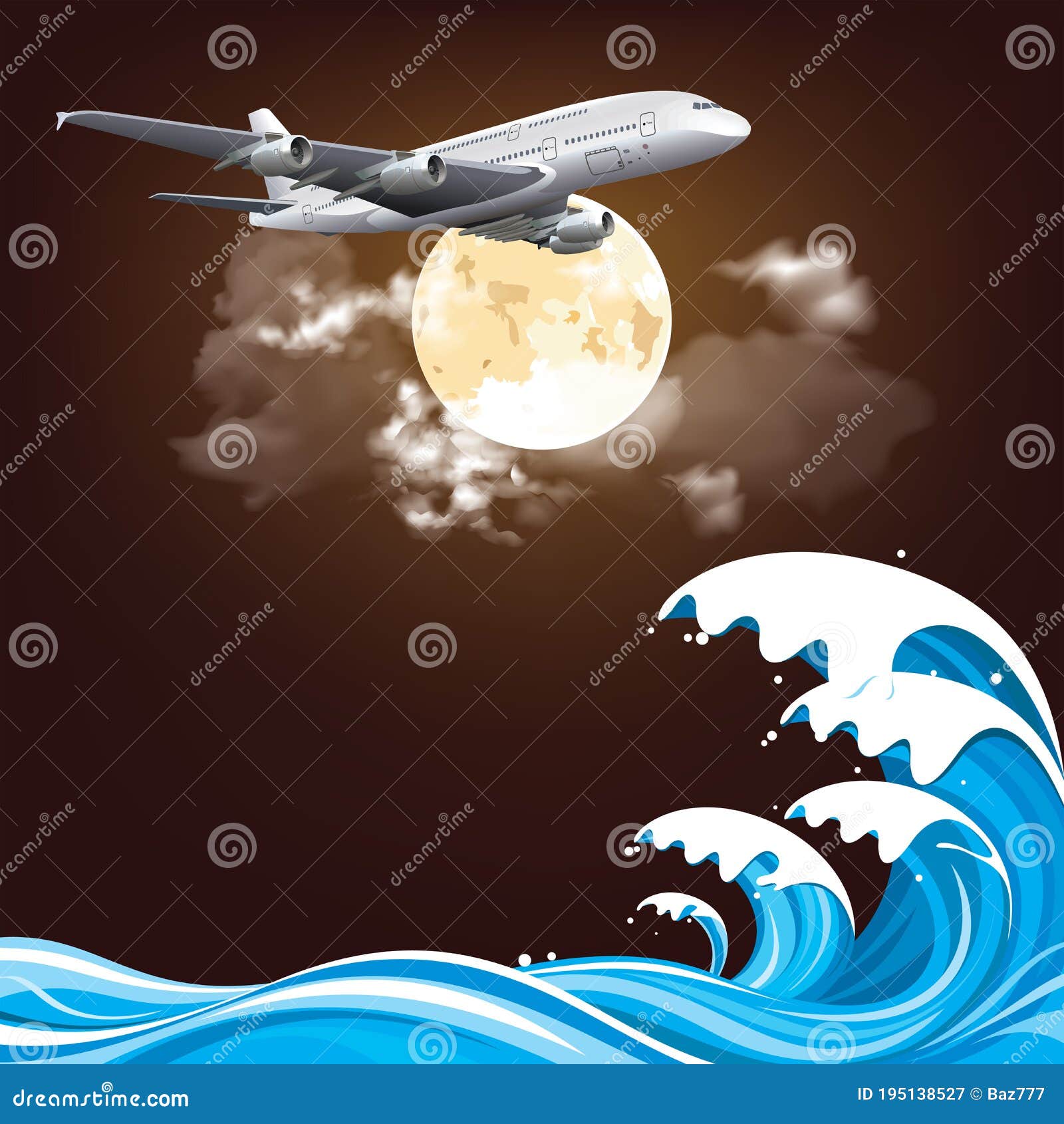 Plane Flying Over Ocean at Night Stock Illustration - Illustration of ...
