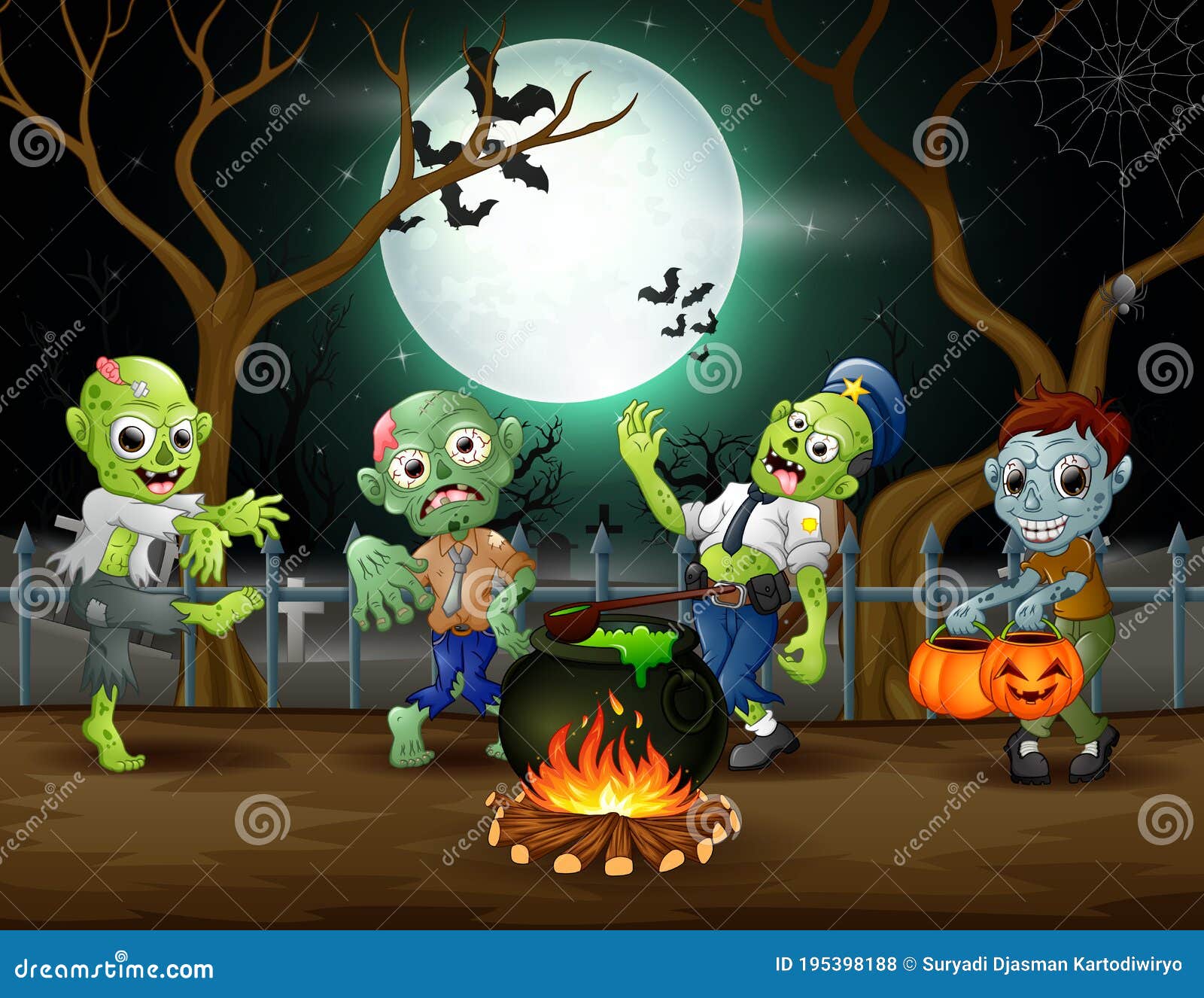 Zombies Cartoon is Cooking a Potion on the Halloween Night Stock Vector ...