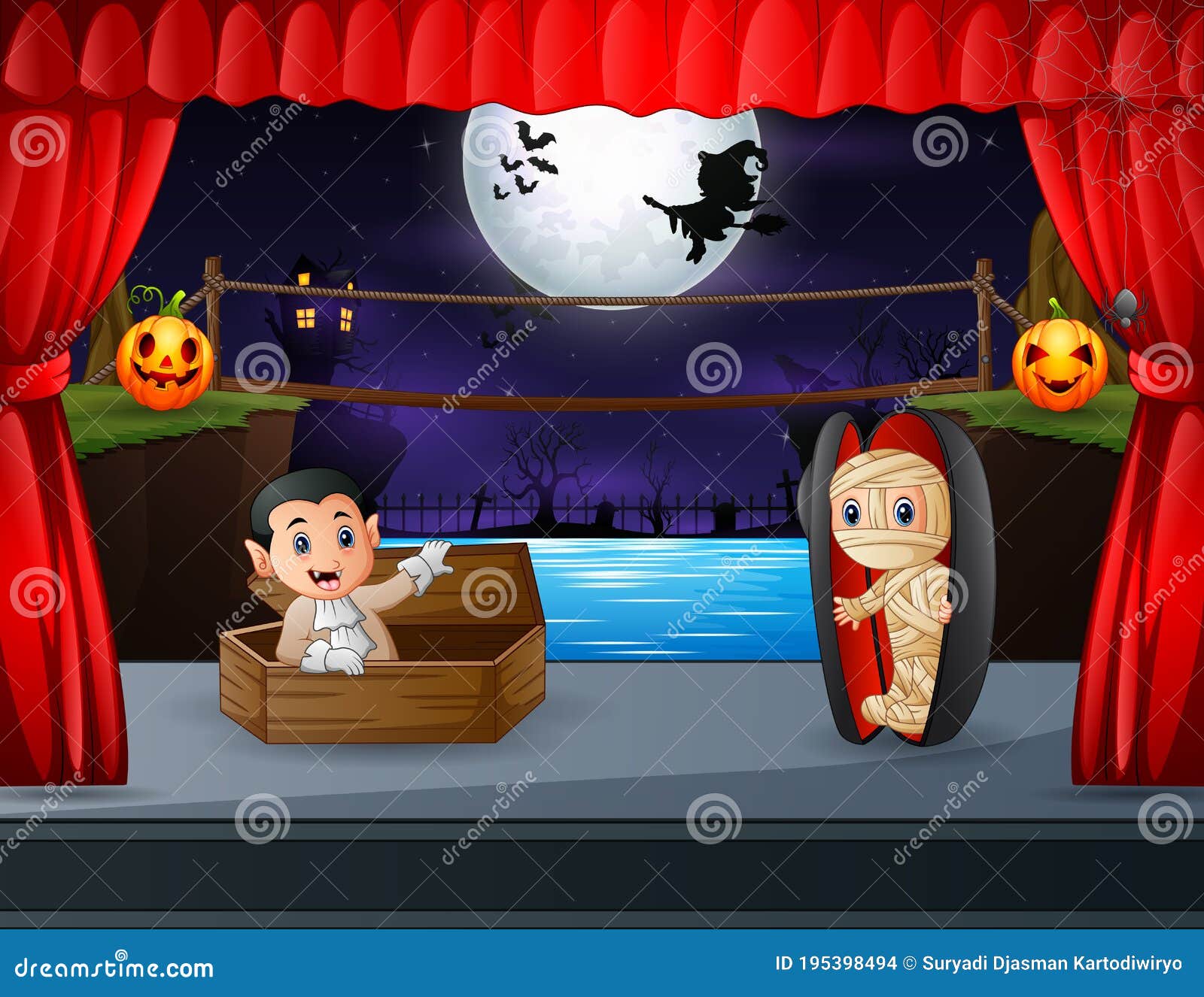 Mummy and Vampires Out of the Coffins on Halloween Stage Stock Vector ...