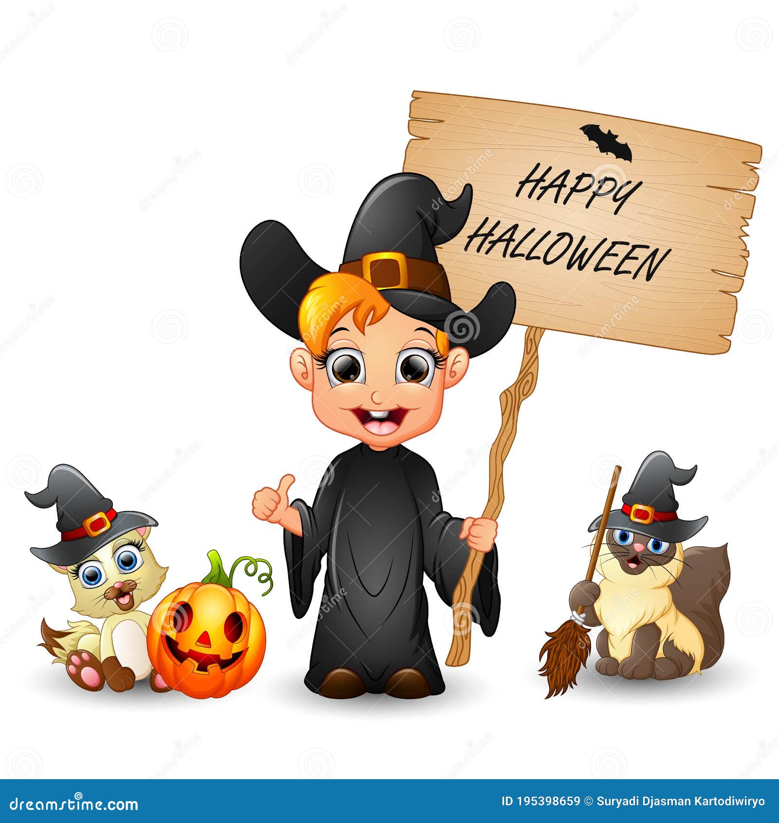 Happy Halloween with Little Witch Holding a Wooden Sign Letter Stock ...