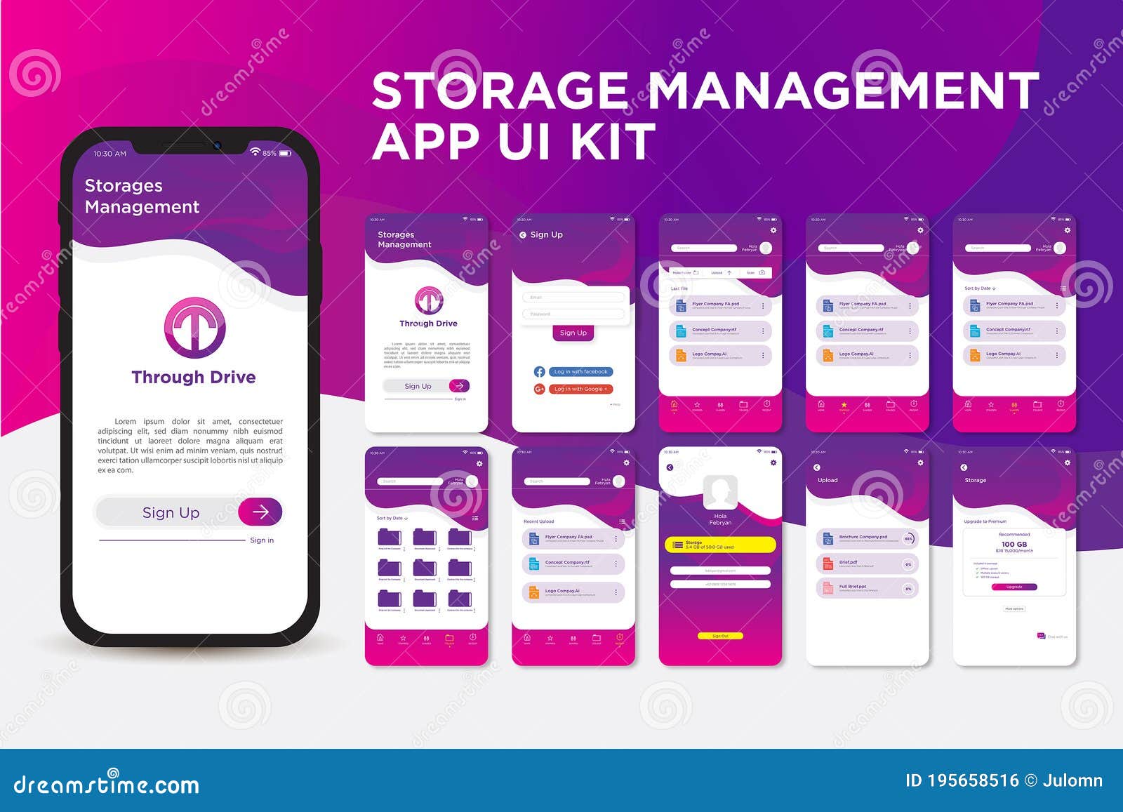 Modern Sleek Purple Storage App UI Kit Template Stock Vector ...
