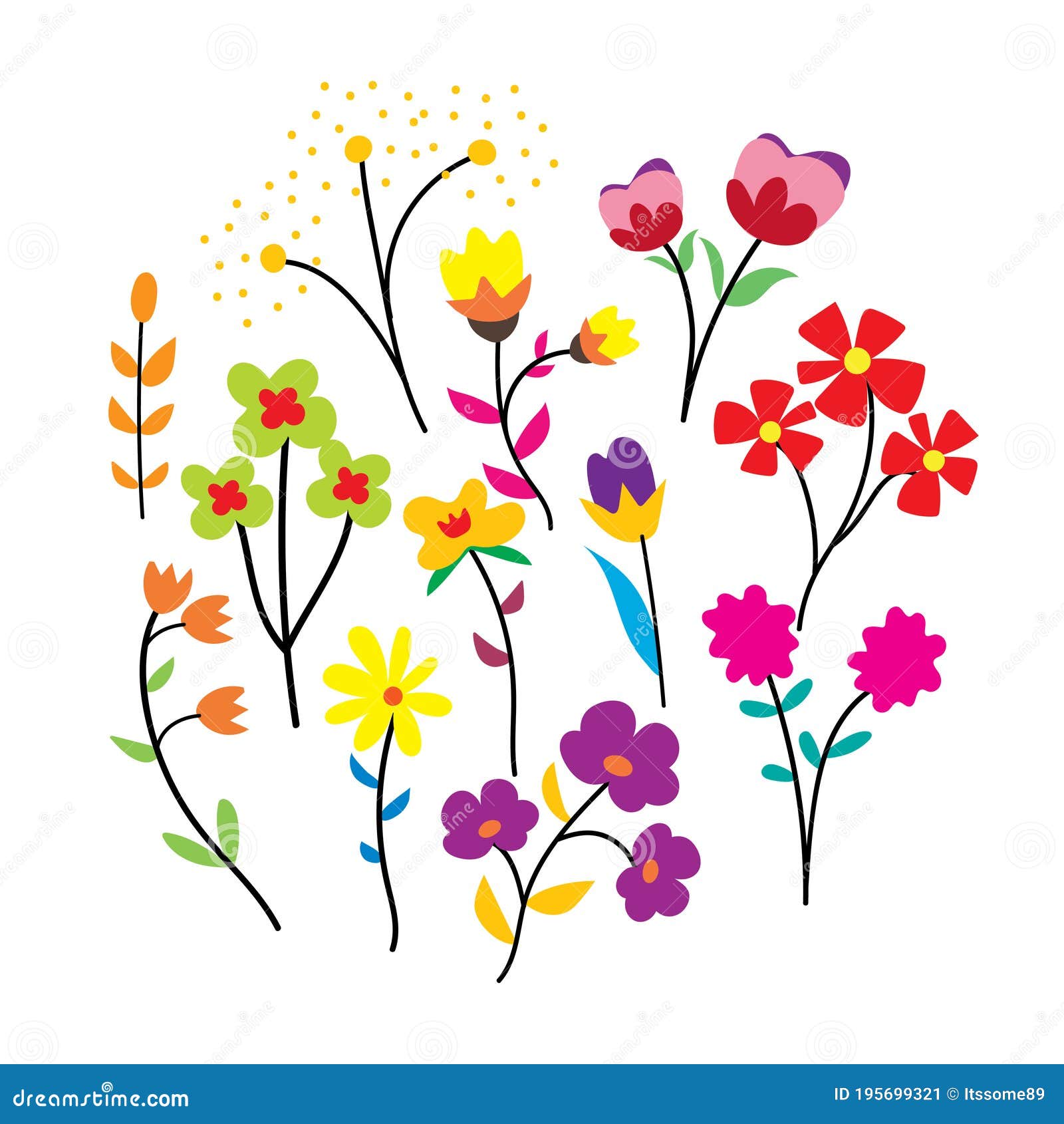 Set of Hand Drawn Vector Flower with Cute Pastel Color. Simple Flower ...