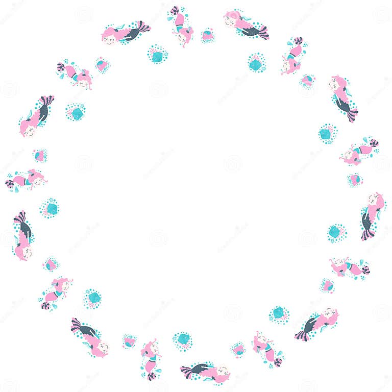 Round Frame of Cute Funny Girls Mermaids Swimming Under Water with ...