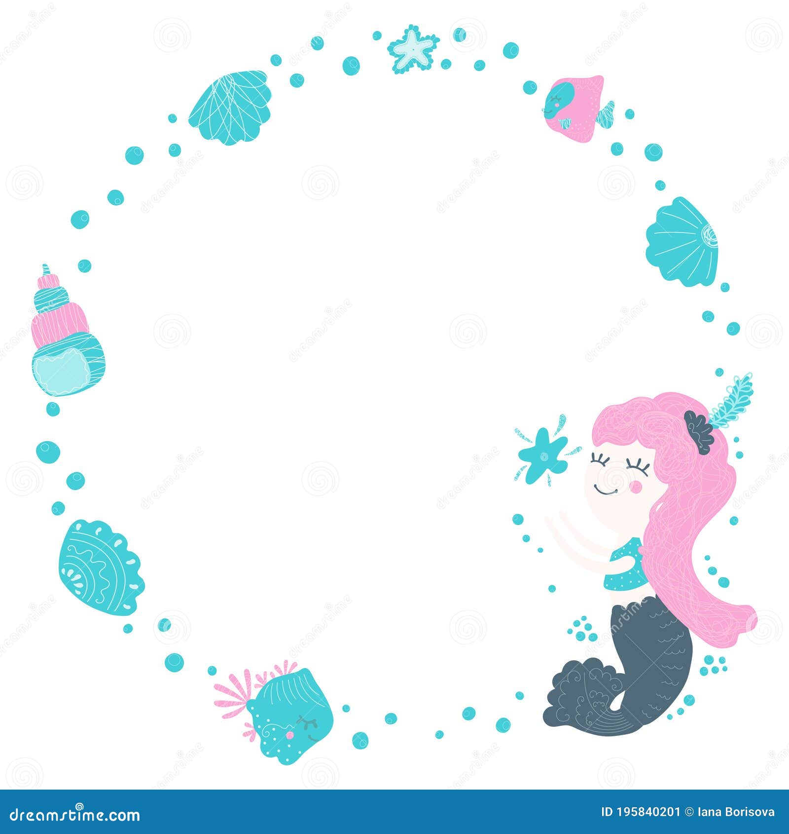Cute Round Frame for Text from a Stylized Cartoon Cute Little Mermaid ...