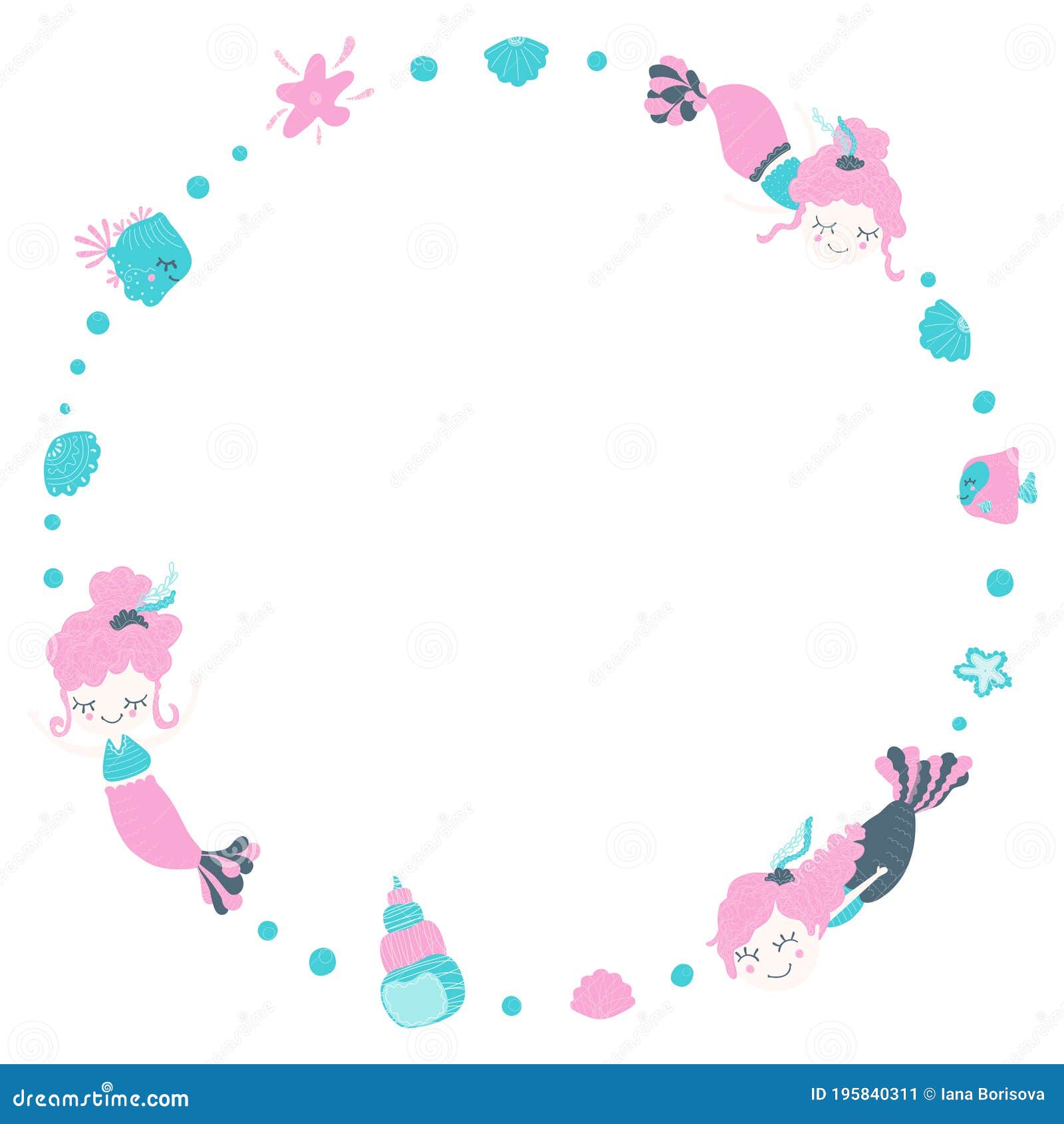 Cute Round Frame of Amazing Lovely Girls Mermaids with Bubbles ...